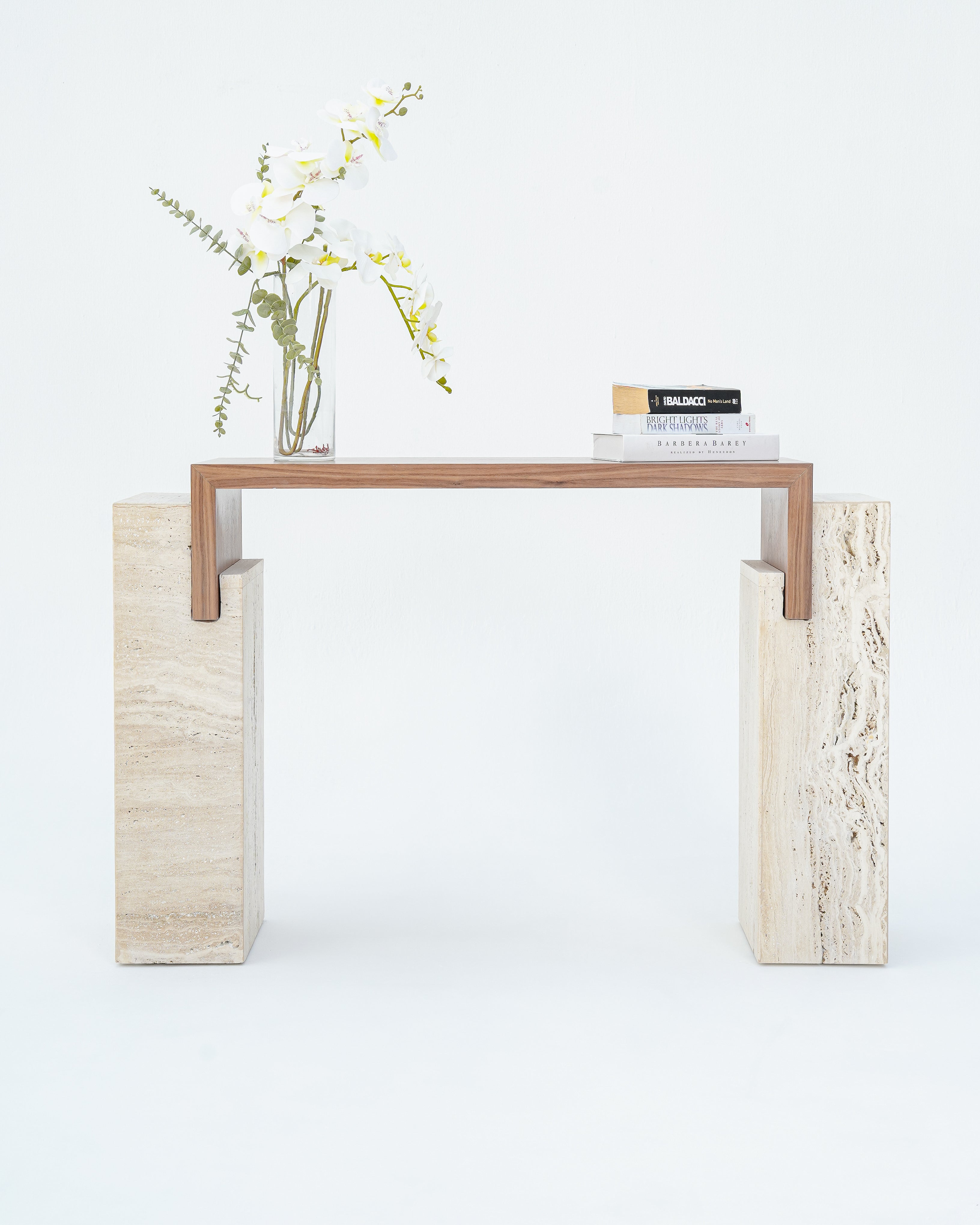 Roya Veneered Walnut Console Table with Travertine Base – ART DEI MARMI